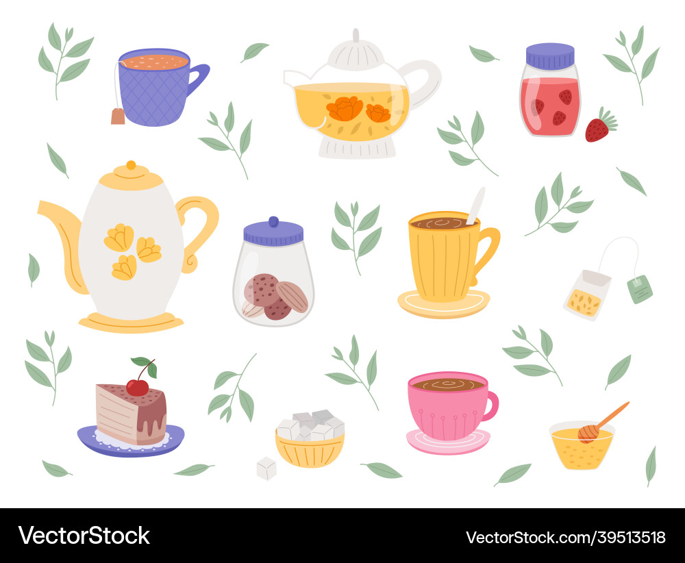 Cute tea set with cups pots and sweets Royalty Free Vector