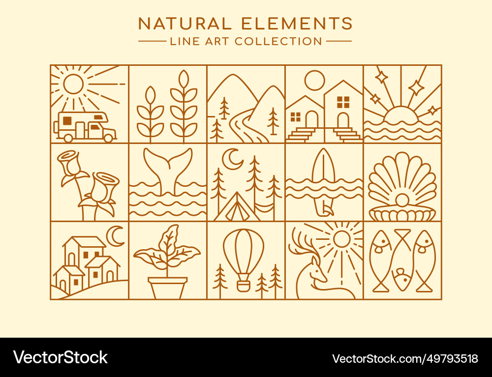 Line art of natural elements collection Royalty Free Vector