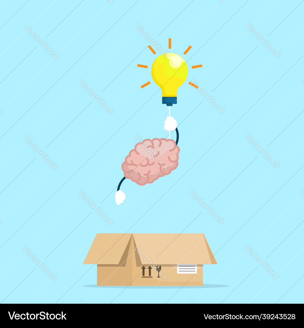 Brain flying out of box with light bulb think Vector Image