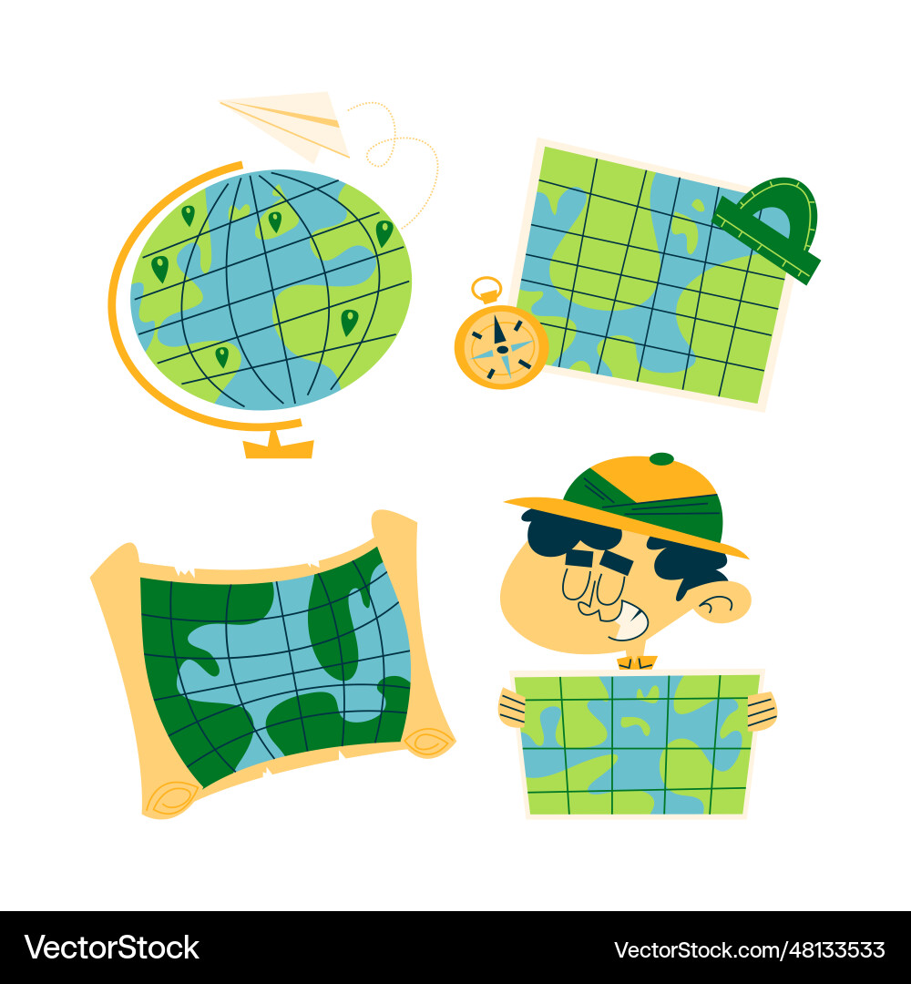 Retro cartoon geography stickers set Royalty Free Vector