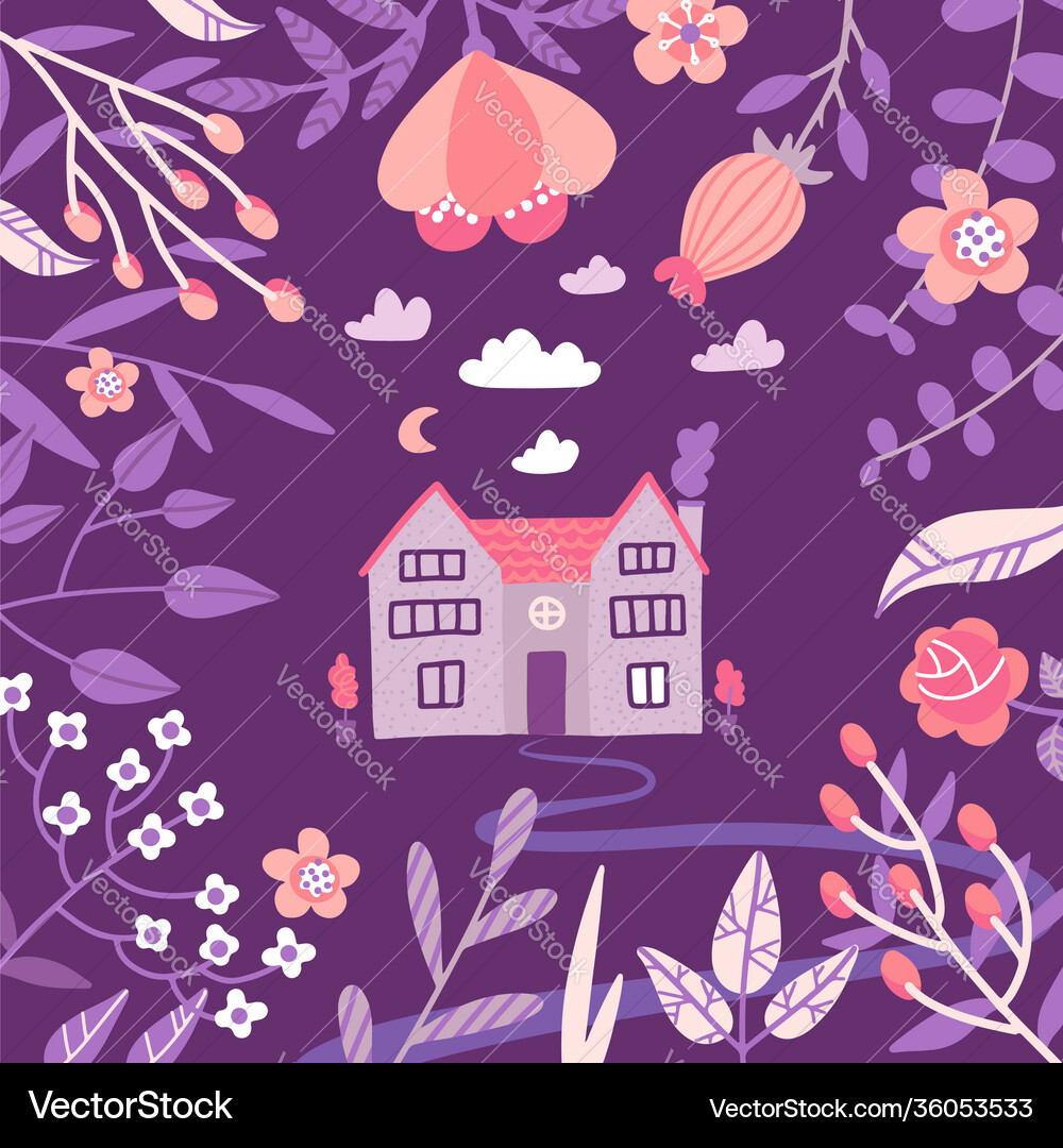 Warm spring night in village hand drawn Royalty Free Vector