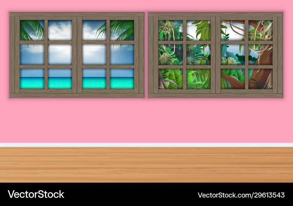 Beach windows with jungle in room Royalty Free Vector Image