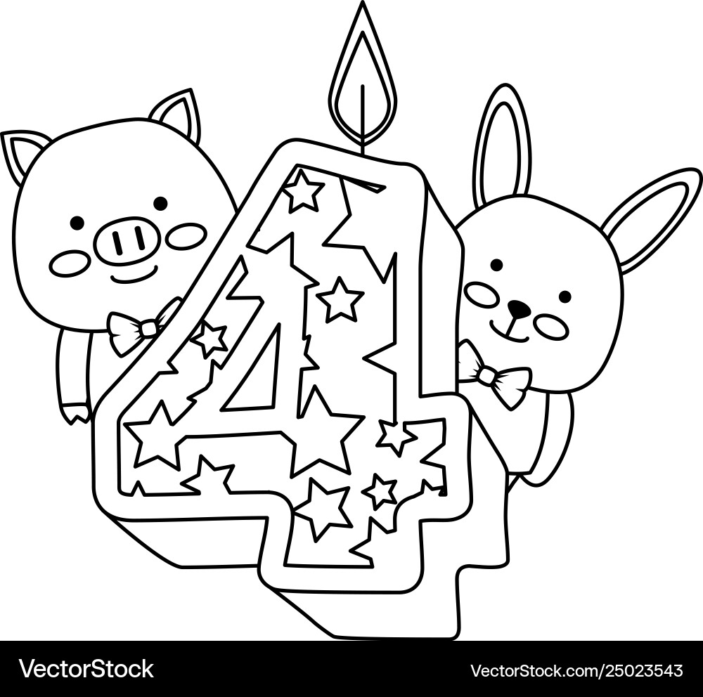 Cute number four with pig and rabbit Royalty Free Vector