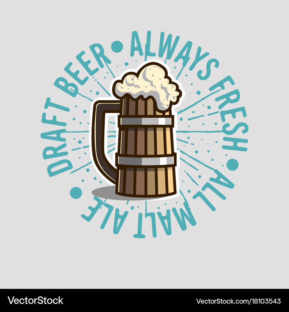 Draft beer logo label design with wooden mug Vector Image
