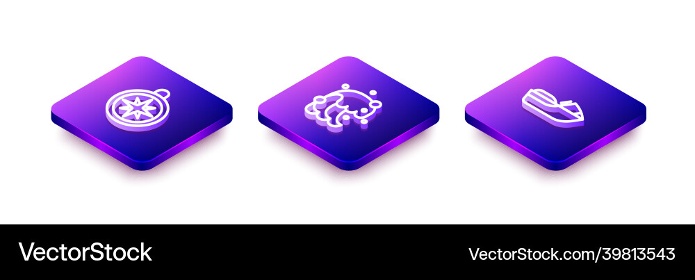 Set isometric line compass tsunami and jet ski Vector Image