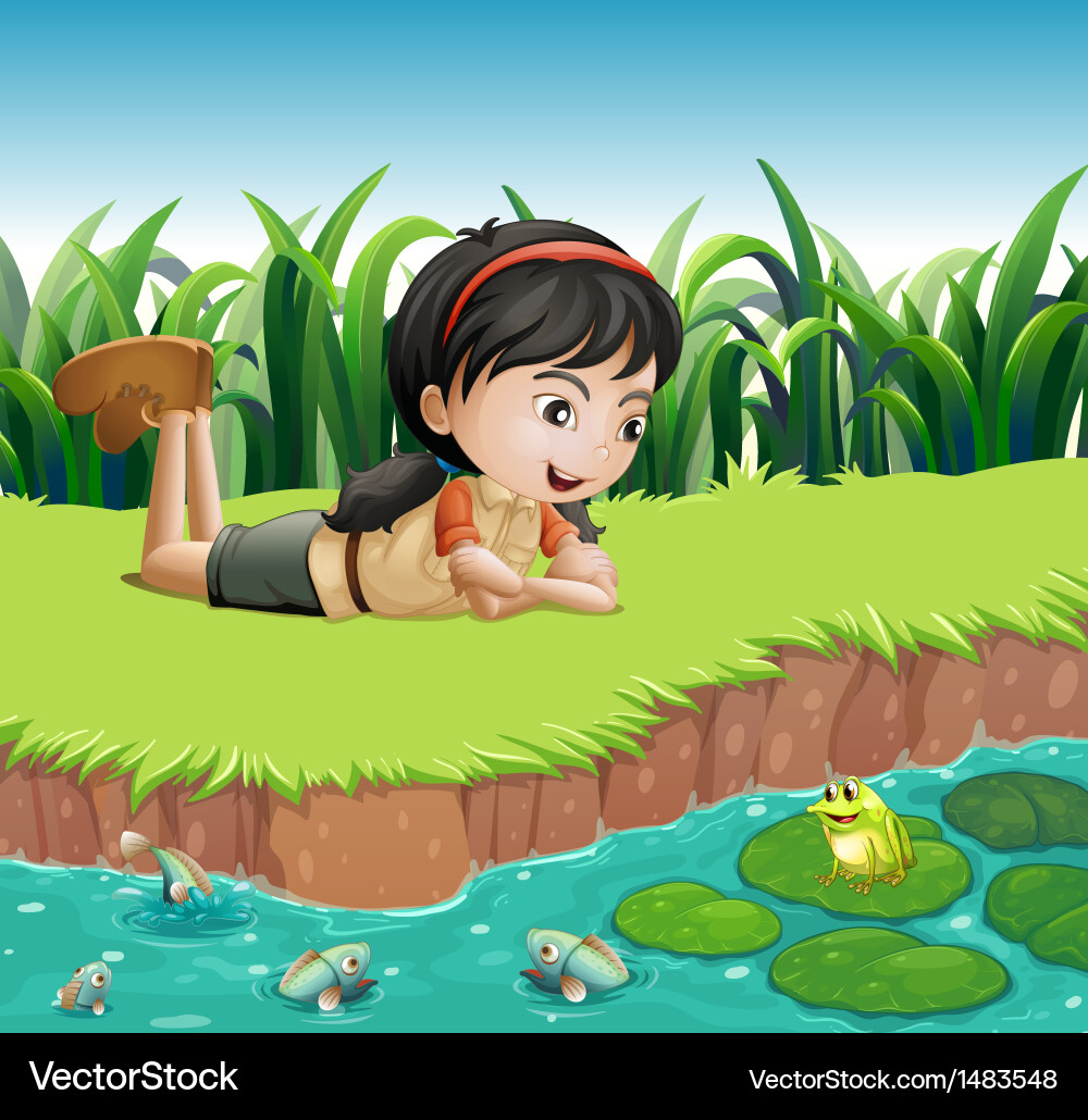 A girl beside pond Royalty Free Vector Image - VectorStock