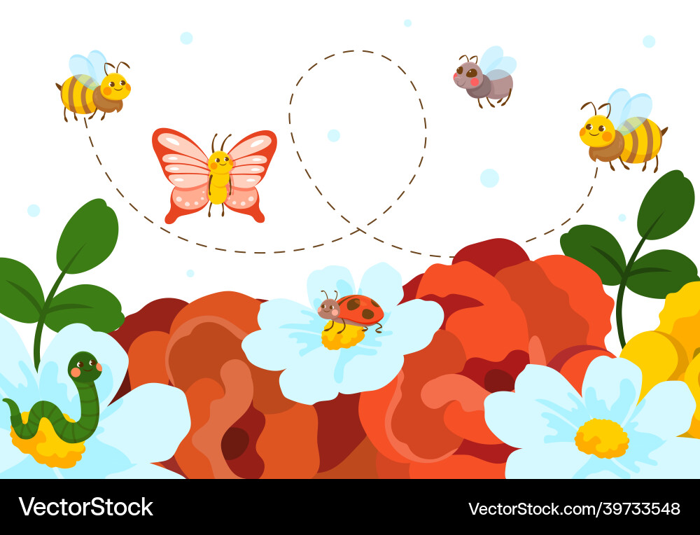 Cute insects on flowers Royalty Free Vector Image