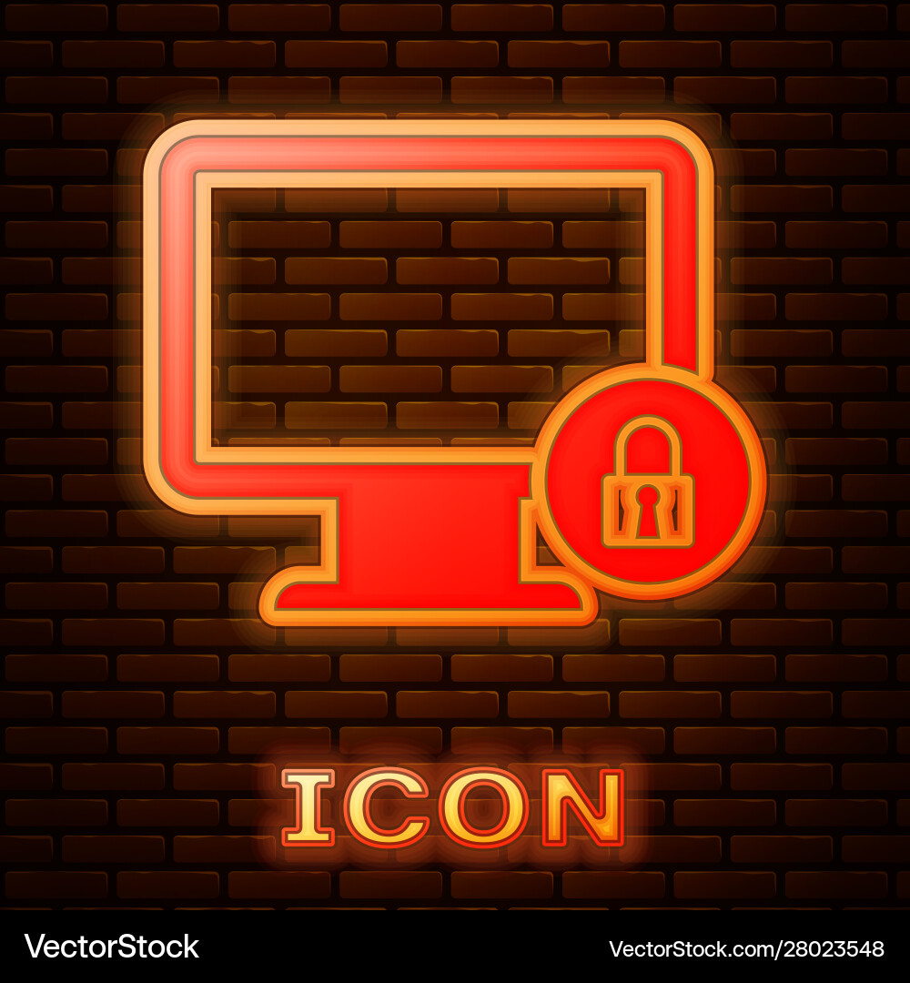 Glowing neon lock on computer monitor screen icon Vector Image