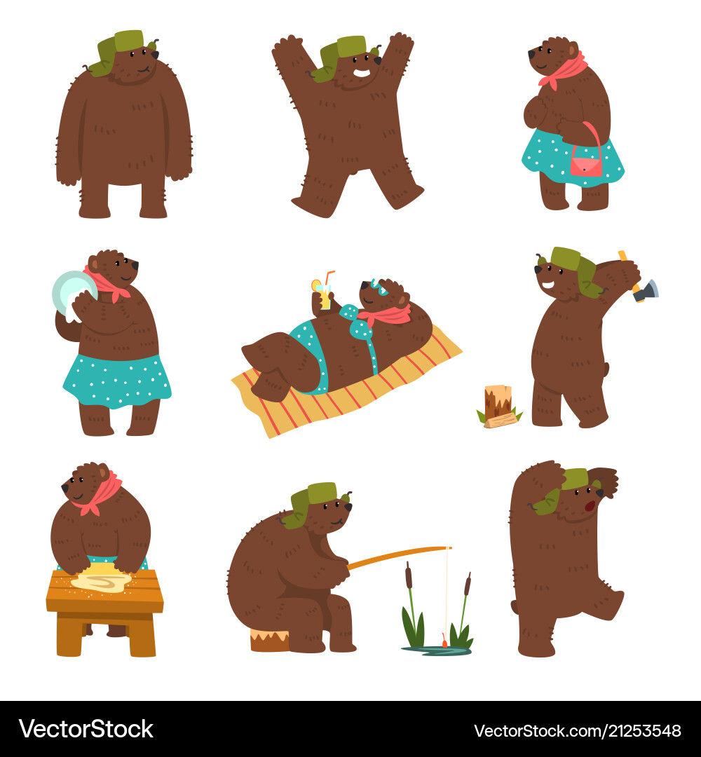 Humanized bear characters set male and female Vector Image