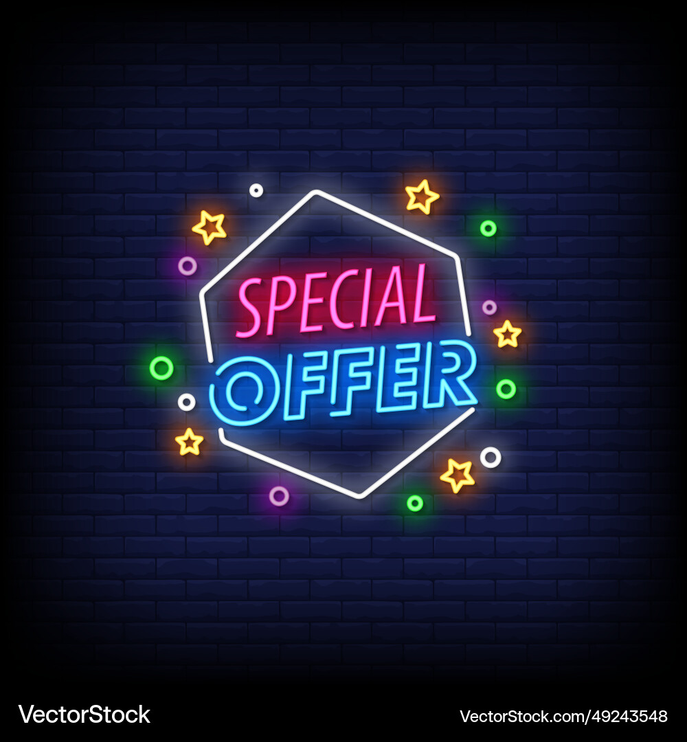 Neon sign special offer with brick wall background