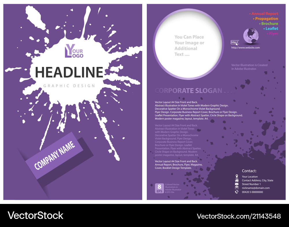 Template of a purple leaflet with splatter Vector Image