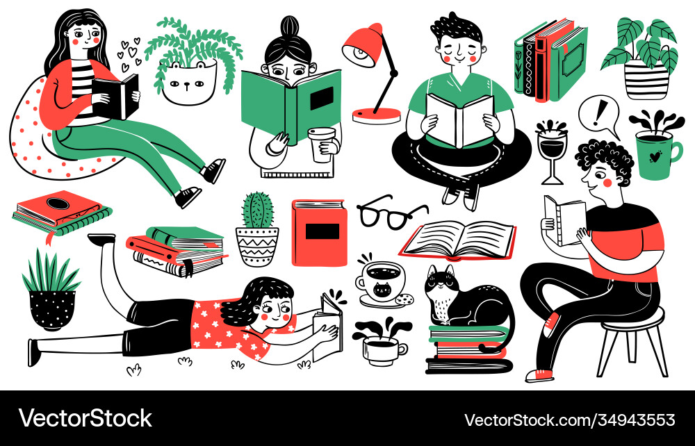 Books and readers happy people read study Vector Image