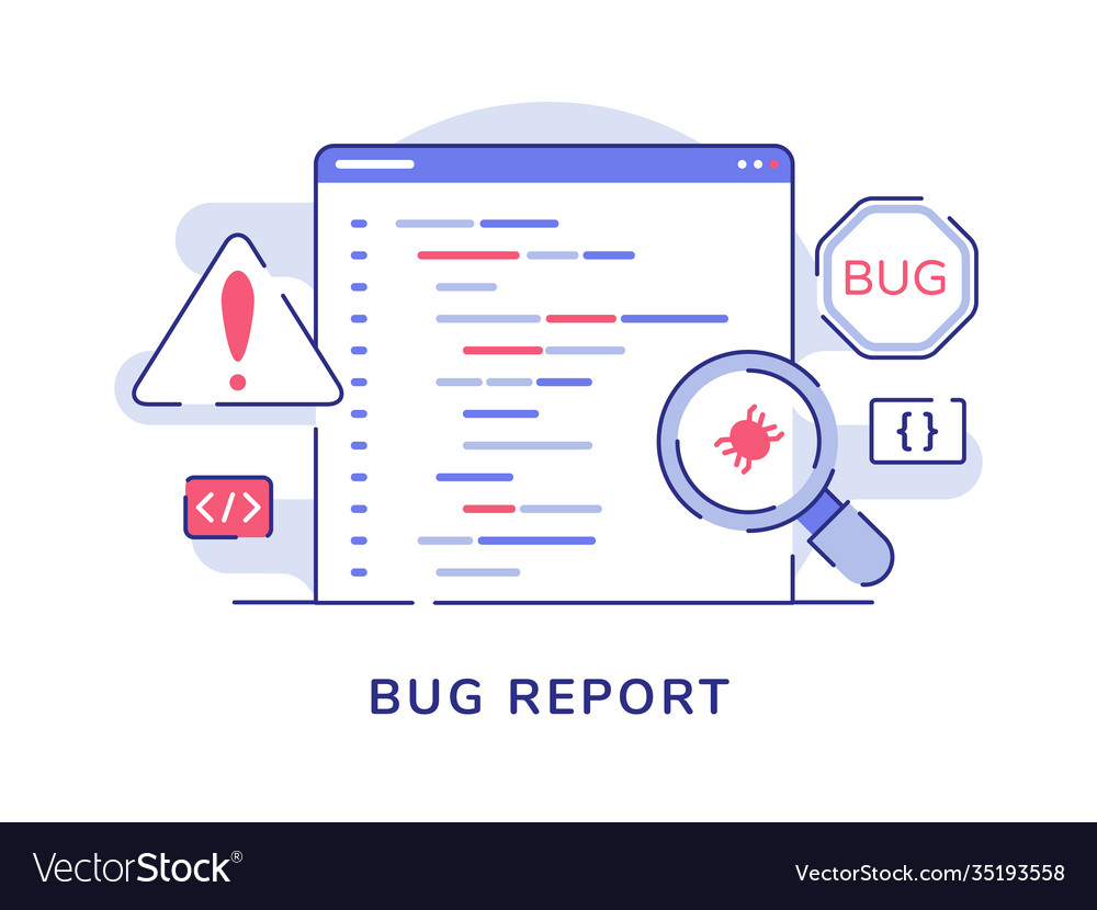 Bug report concept magnifying on program Vector Image
