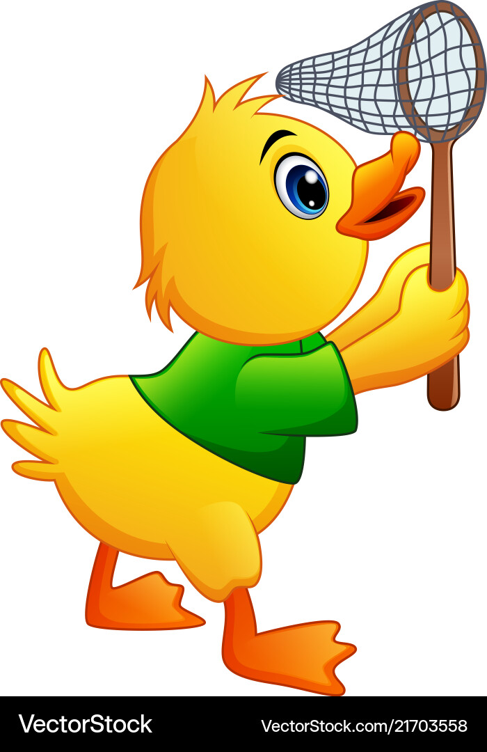 Cute little duck with a net on a white background Vector Image