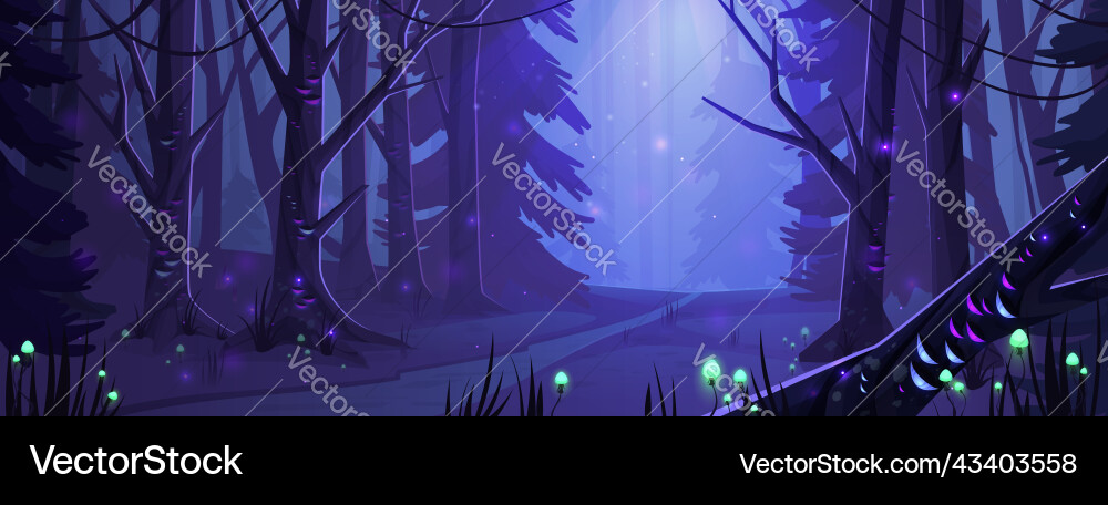 Night forest landscape with trees and road Vector Image