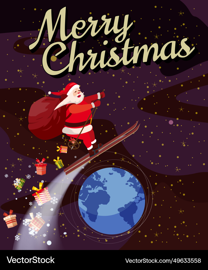 Santa claus flying in the outer space by ski Vector Image