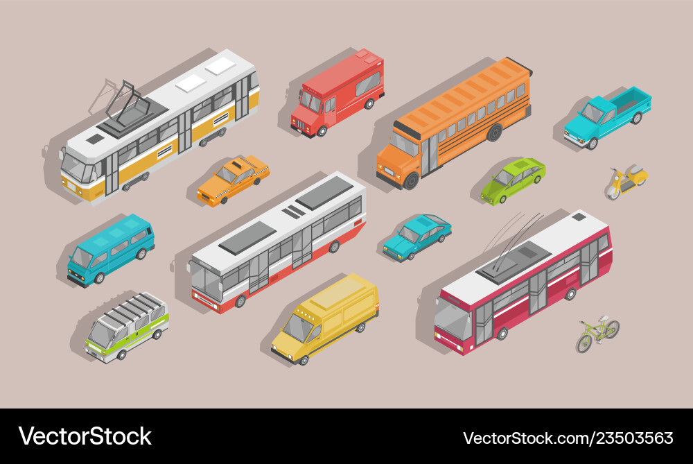 Bundle of isometric motor vehicles isolated Vector Image