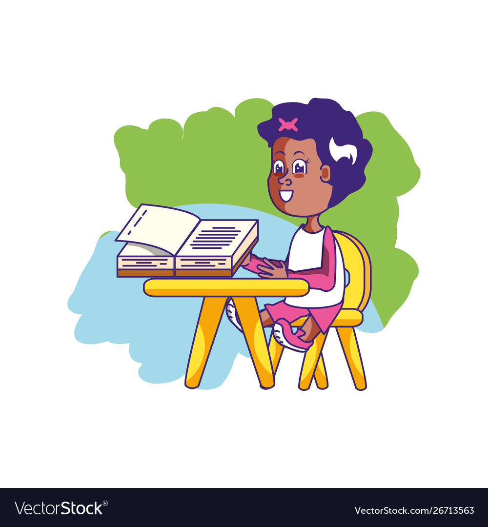 Cute little student girl in desk with book open Vector Image