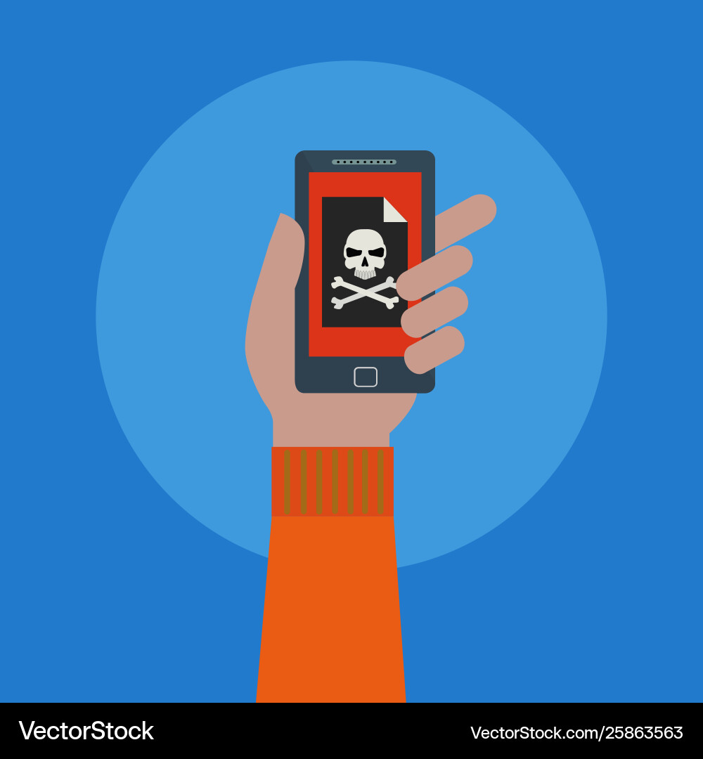 Hand holding a mobile phone with skull symbol Vector Image