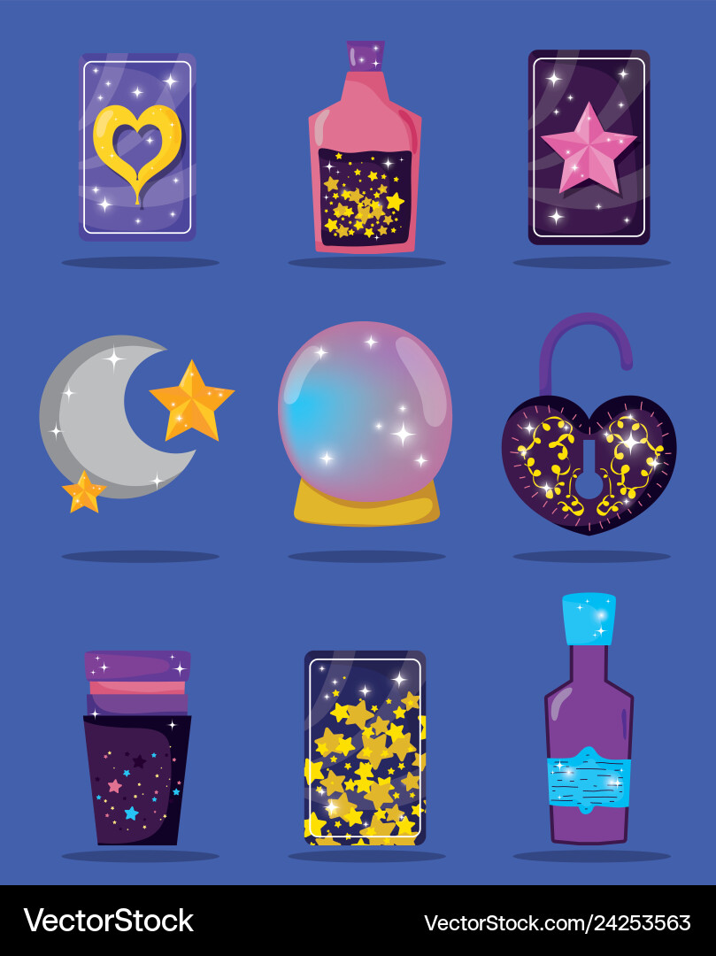 Set magic cards with potions and crystal ball with