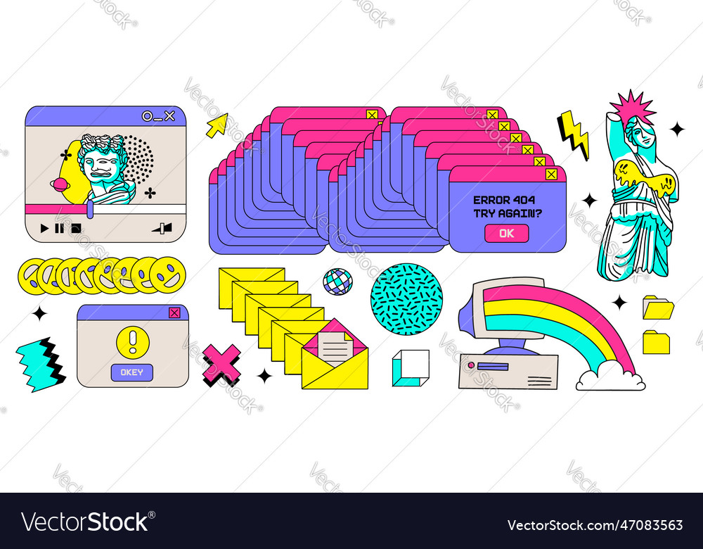 Y2k neon old computer aestethic elements set Vector Image