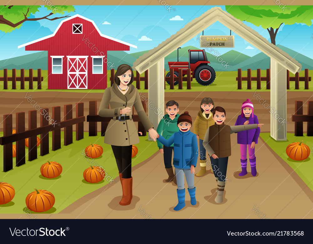 Teacher with students on a pumpkin patch trip Vector Image
