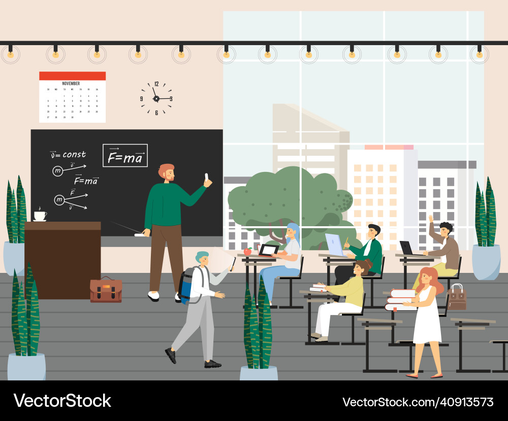 Students listening to teacher in classroom flat Vector Image