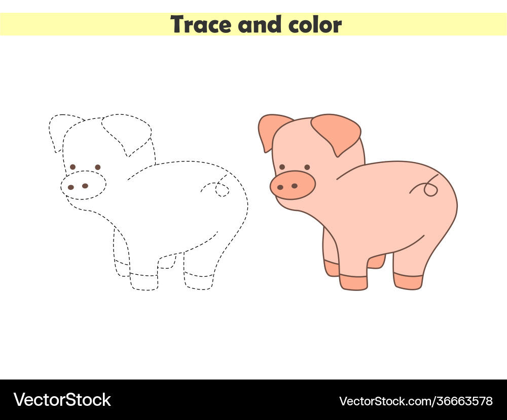 Trace and color cute pig learning to draw Vector Image