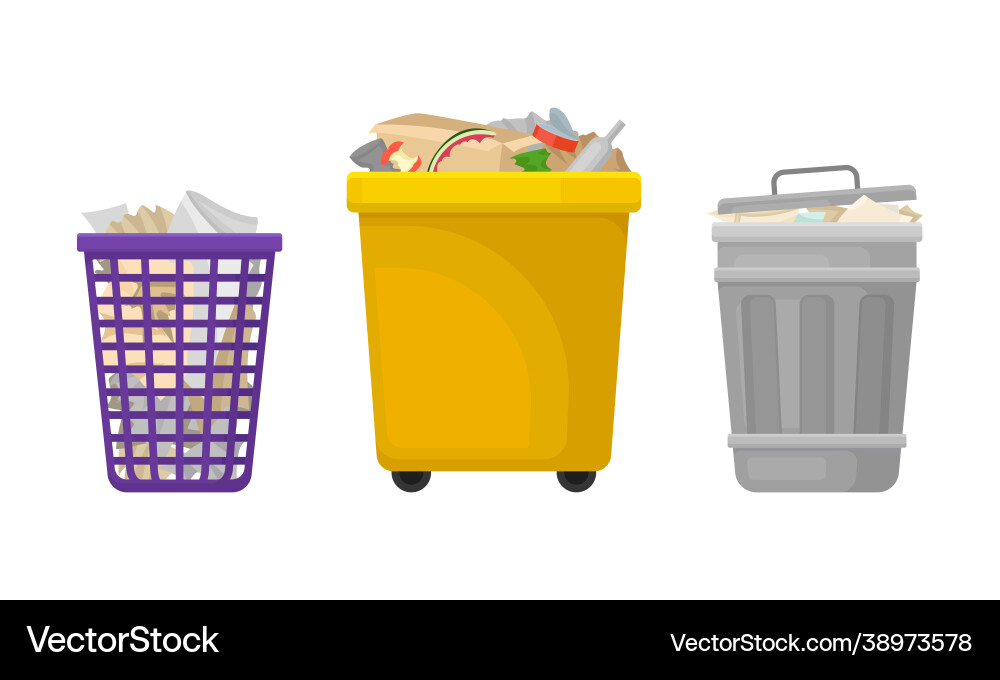 Trash bins set plastic and metal wastebaskets Vector Image