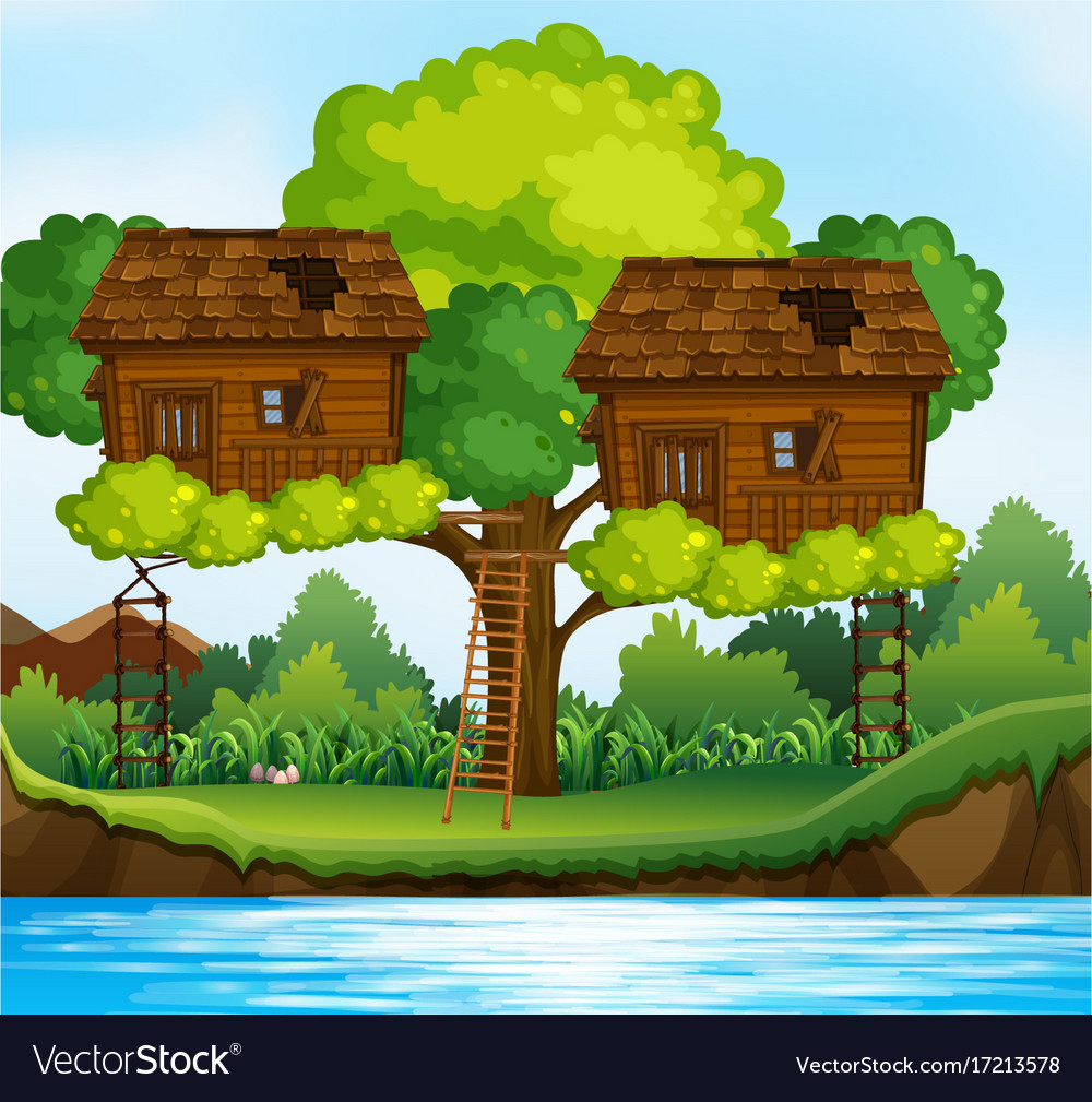 Two treehouses on tree river Royalty Free Vector Image