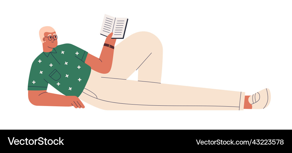 Young man lying with open book at leisure time Vector Image