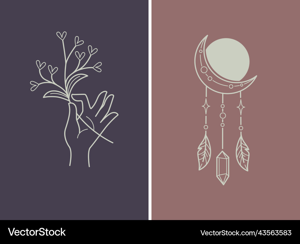 Crescent moon and hands with plants magic signs Vector Image