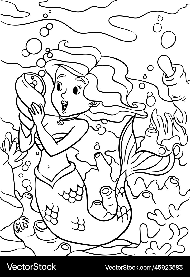 Mermaid holding spiral shell coloring page Vector Image