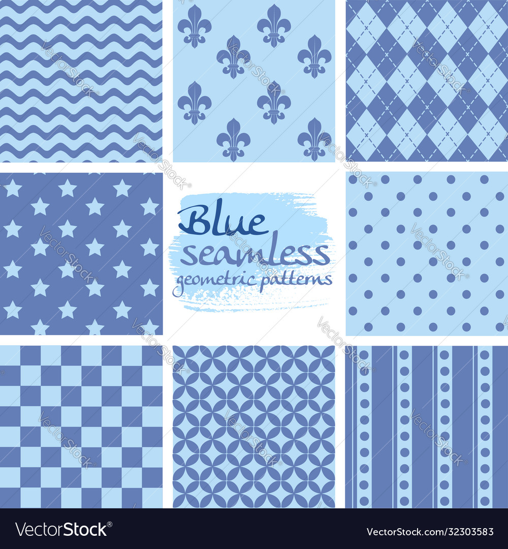 Set blue seamless geometric patterns on white 4 Vector Image
