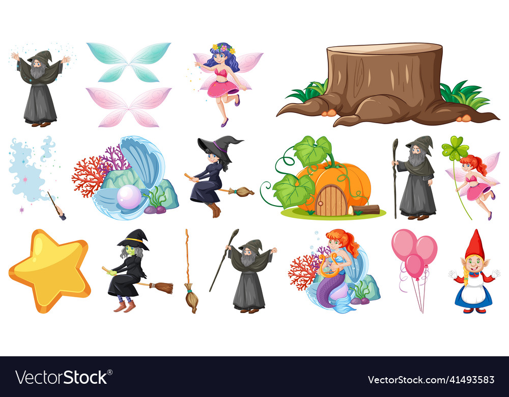 Set of fantasy fairy tale characters and elements Vector Image