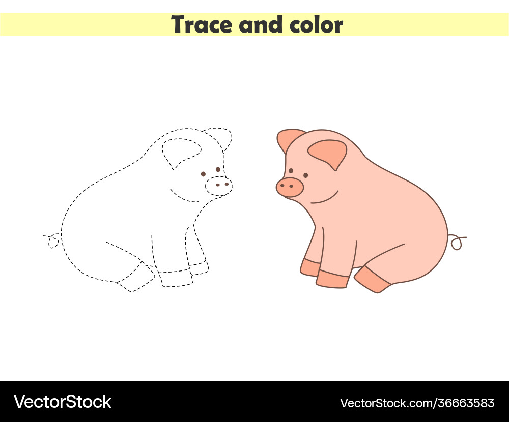 Trace and color cute pig learning to draw Vector Image