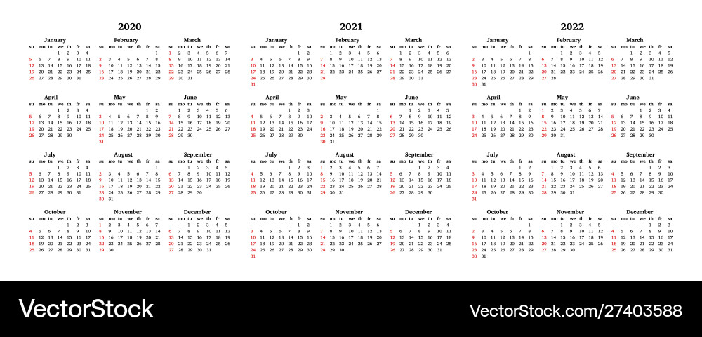 Calendars for 2020 2021 and 2022 Royalty Free Vector Image