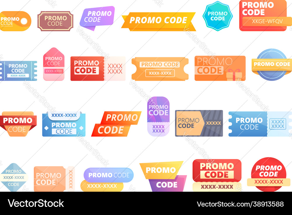 Promotional code icons set cartoon coupon Vector Image