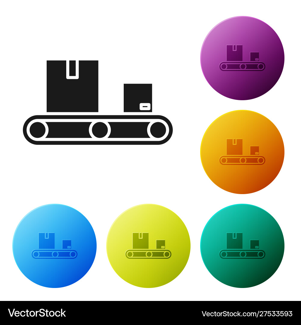 Black conveyor belt with cardboard box icon Vector Image