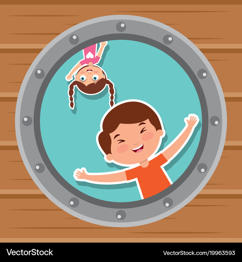 Cute kids in round window happy Royalty Free Vector Image