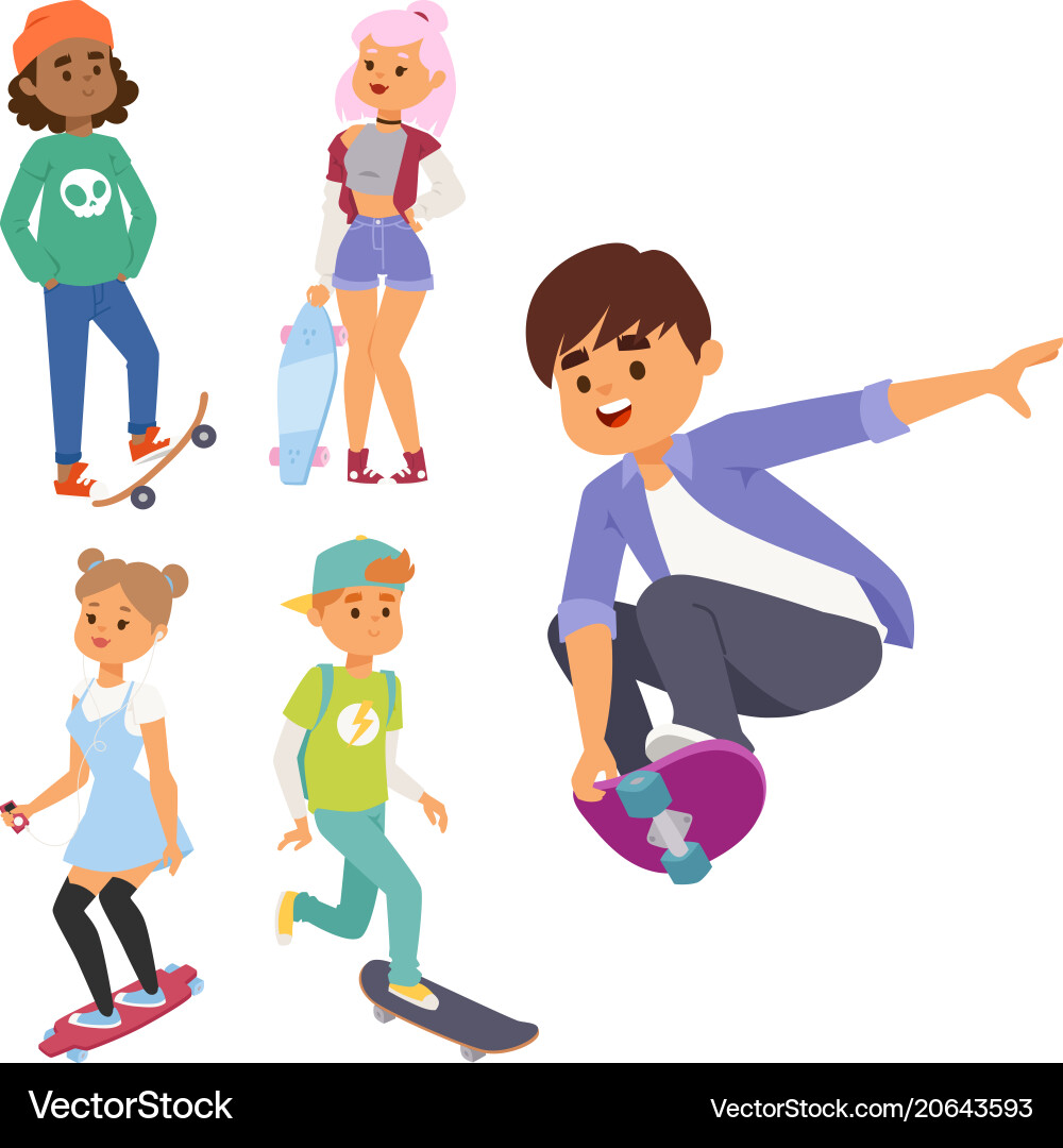 Skateboard characters stylish skating kids Vector Image