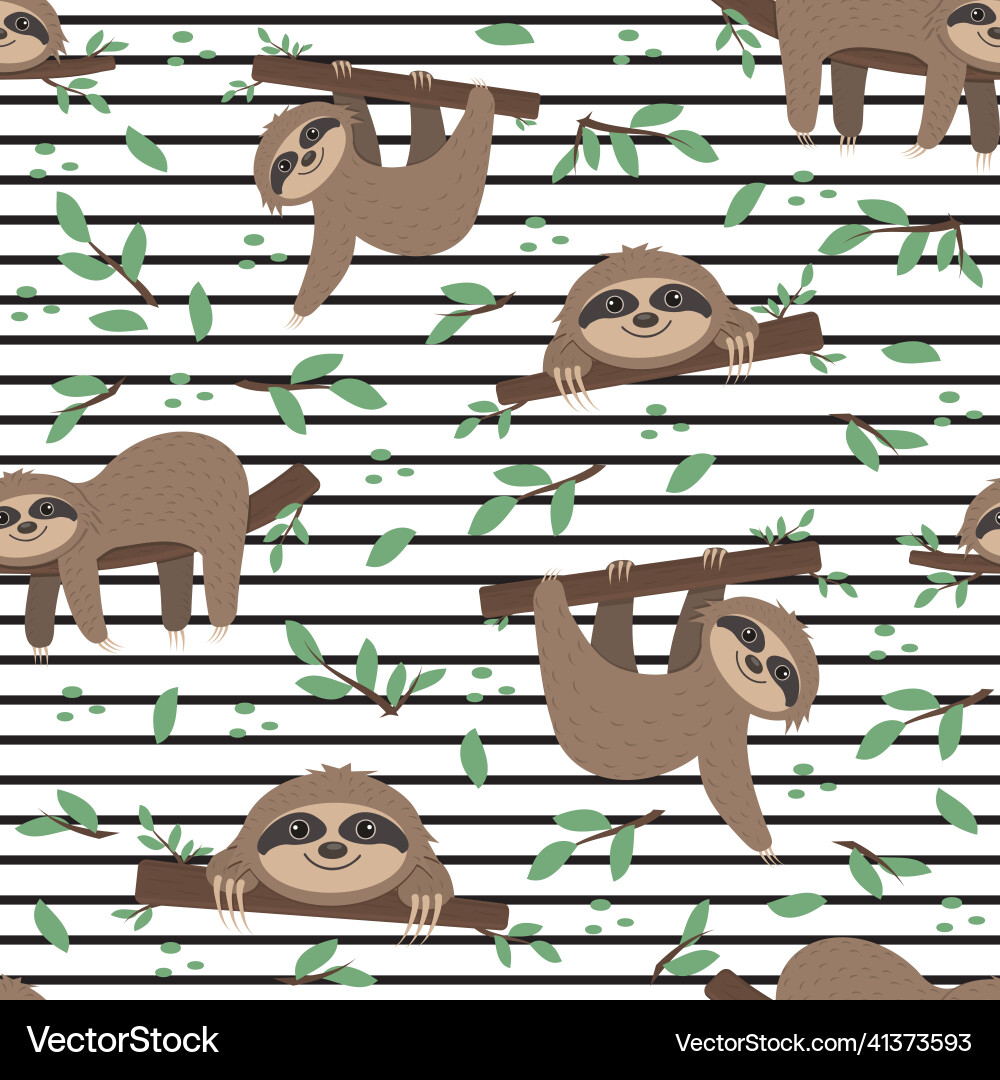 Sloth pattern on a background of tropical leaves Vector Image