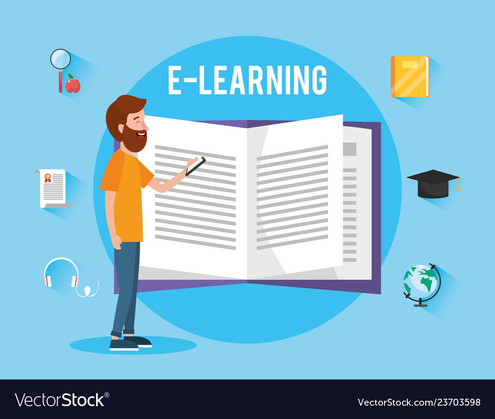 Man with elearning book knowledge to study Vector Image