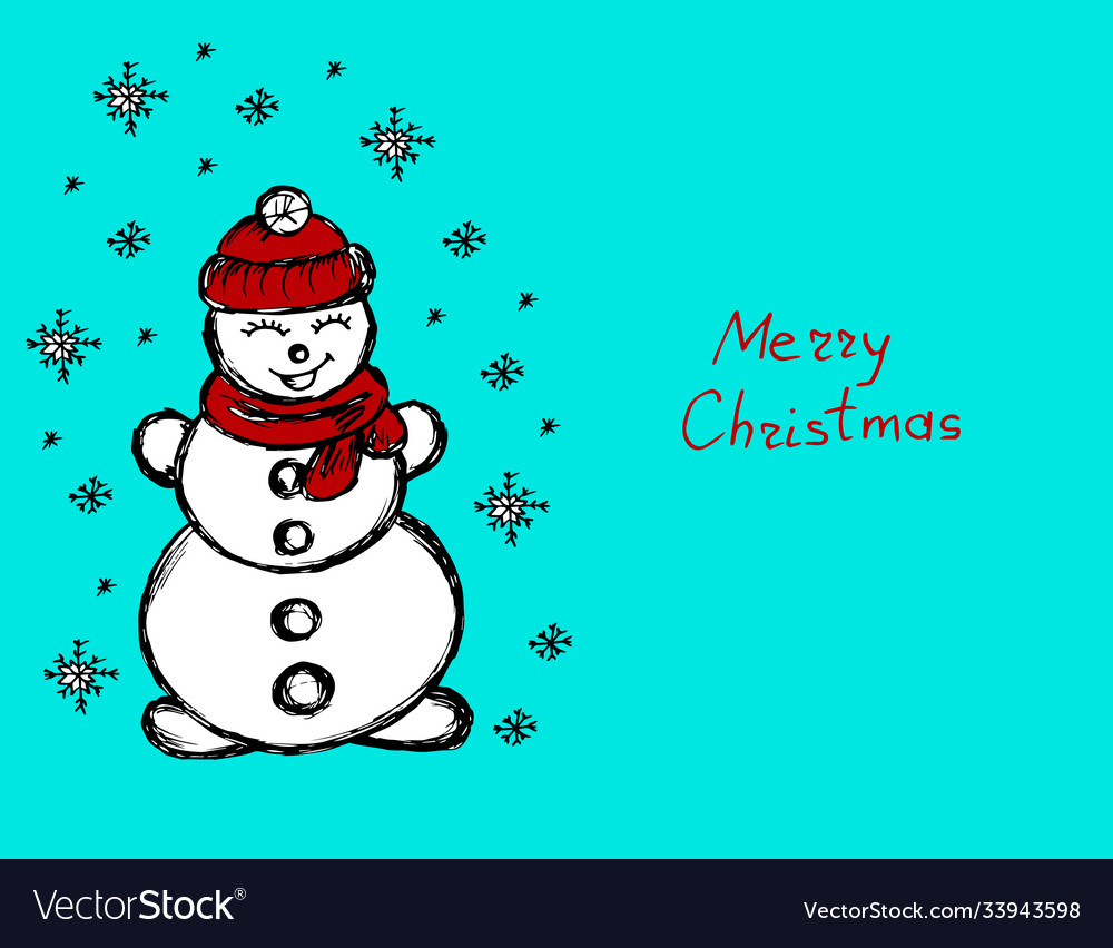 Snowman its snowing snowflakes blue winter hand Vector Image