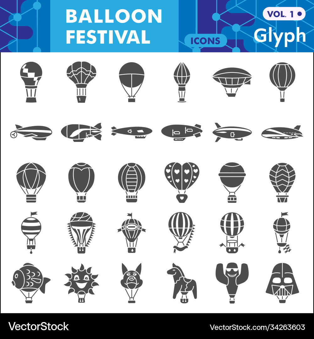 Balloon festival solid icon set hot air Royalty Free Vector
