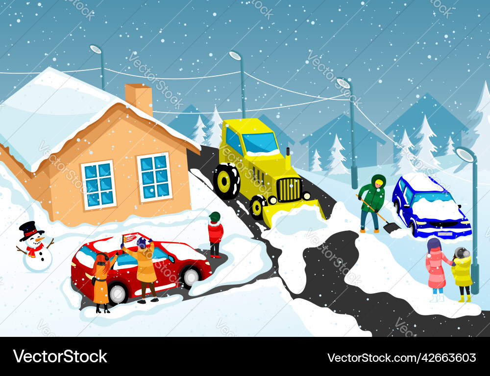 Drivers clean snow-covered cars from snow Vector Image