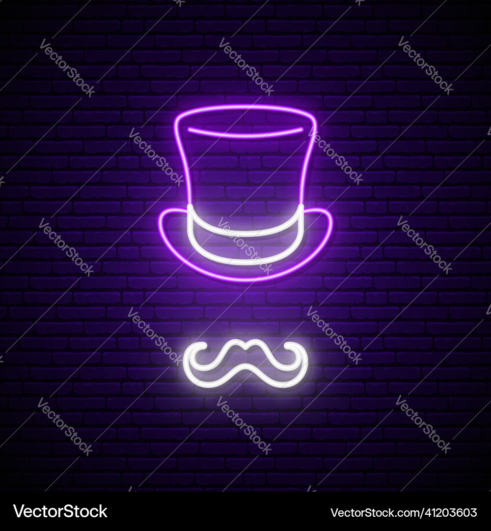 Neon top hat sign glowing gentlemen icon Vector Image