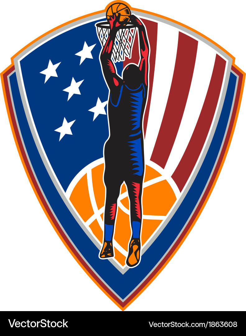 American basketball player dunk ball shield retro Vector Image