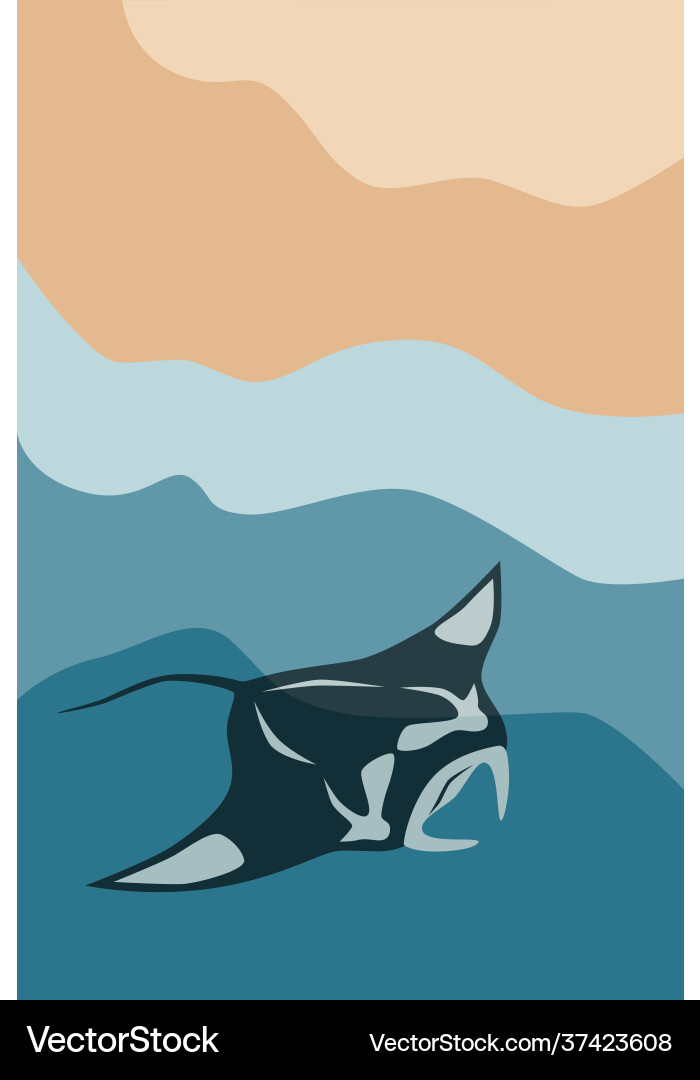 Big manta on abstract sea background simple hand Vector Image