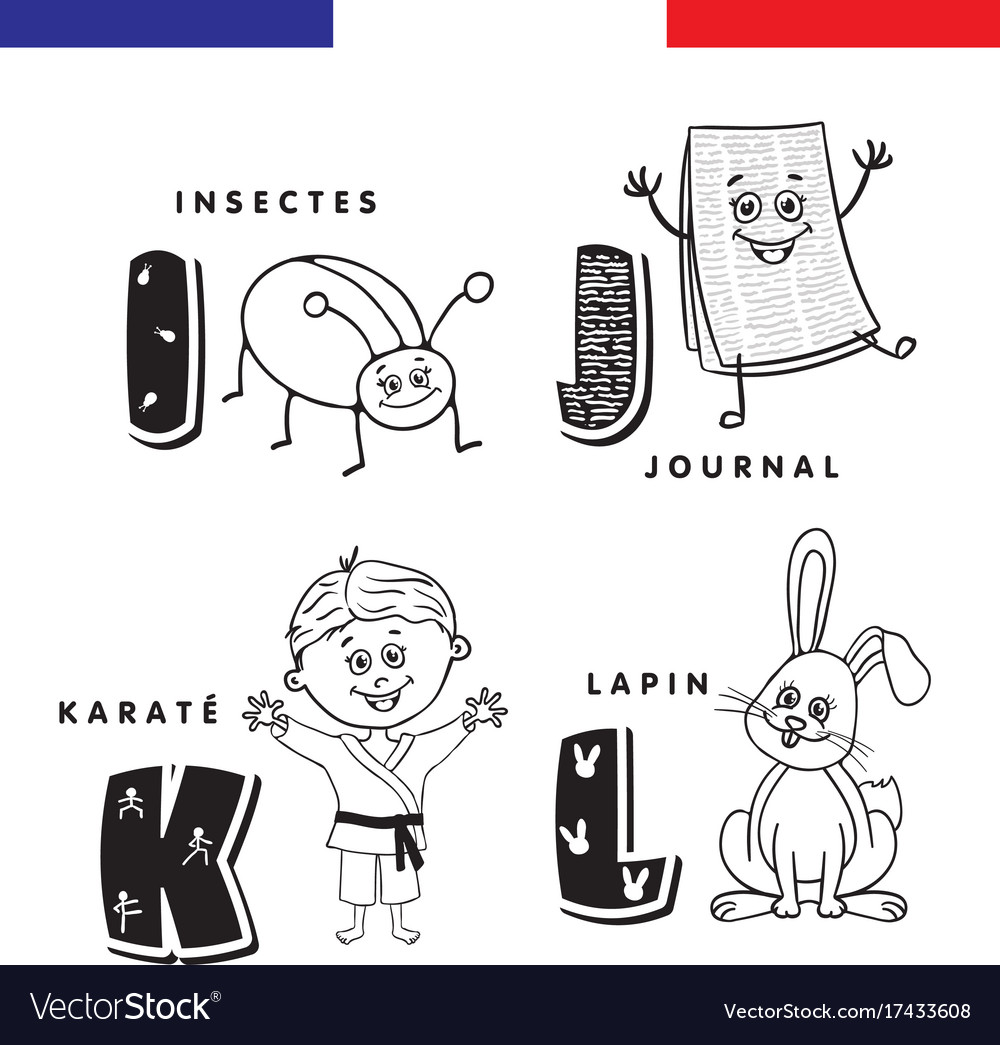 French alphabet insect newspaper karate rabbit Vector Image